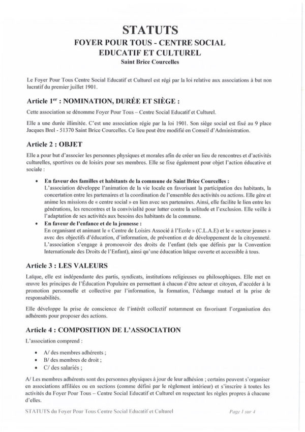 Statuts de l’association – Foyer Pour Tous Centre Social Educatif et ...
